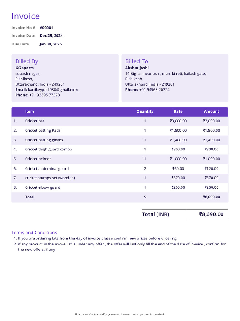 Invoice A00001 GG Sports Akshat Joshi | PDF | Summer Sports | Cricket