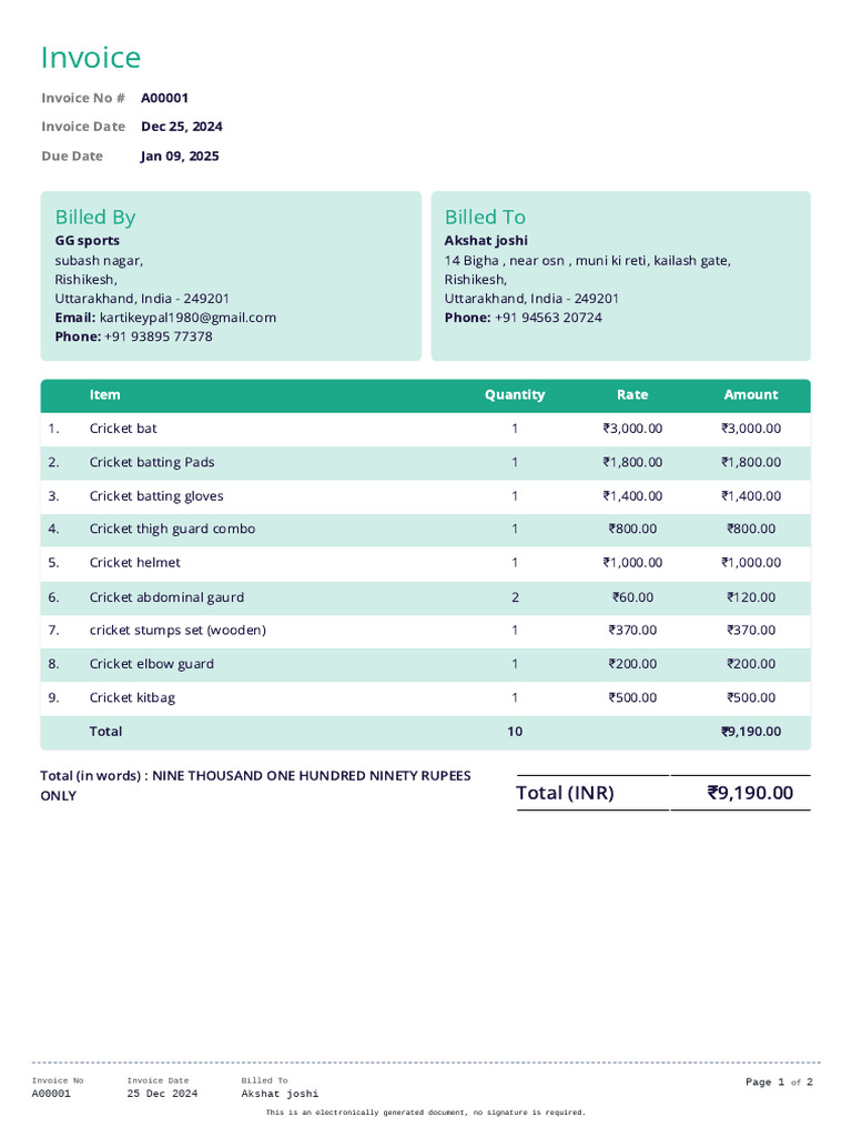 Invoice A00001 GG Sports Akshat Joshi | PDF | Cricket | Ball And Bat Games