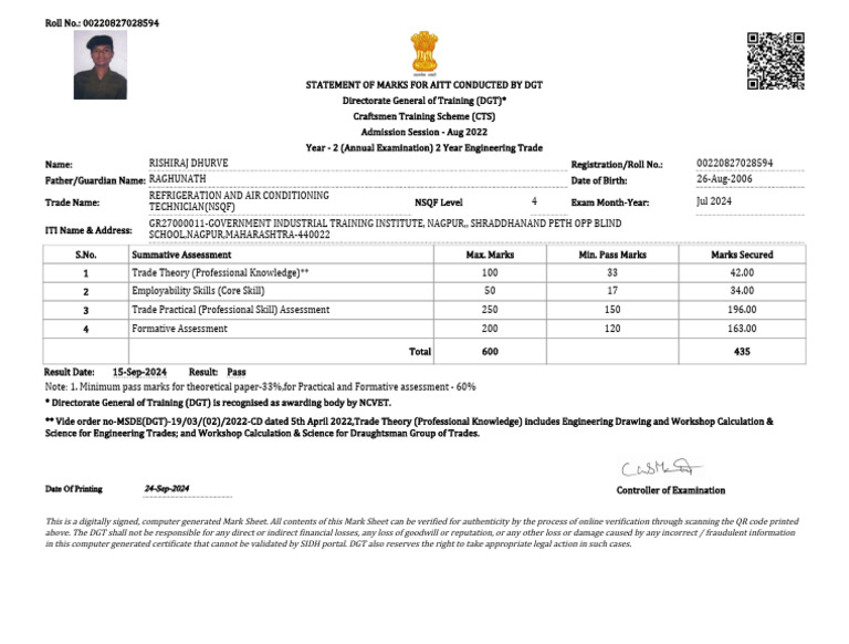 Marksheet ITI SECOND YEAR | PDF