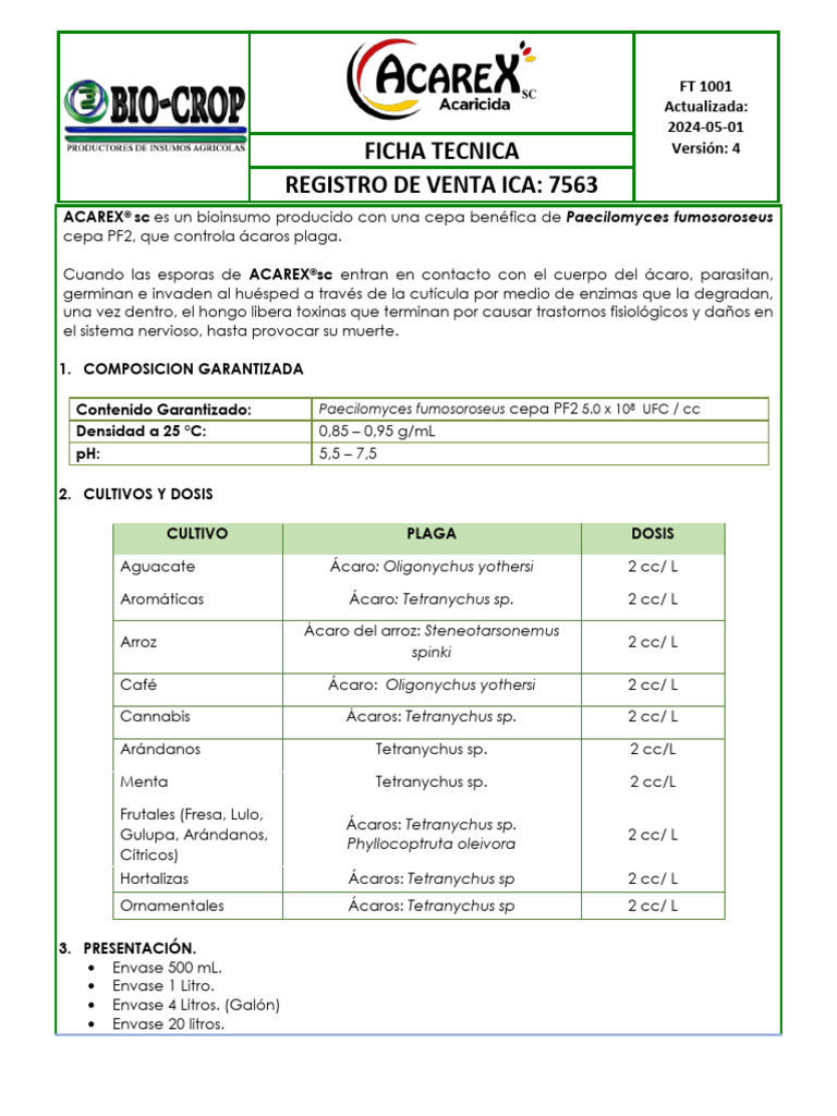 Ficha Técnica del Acaricida Acarex® | PDF