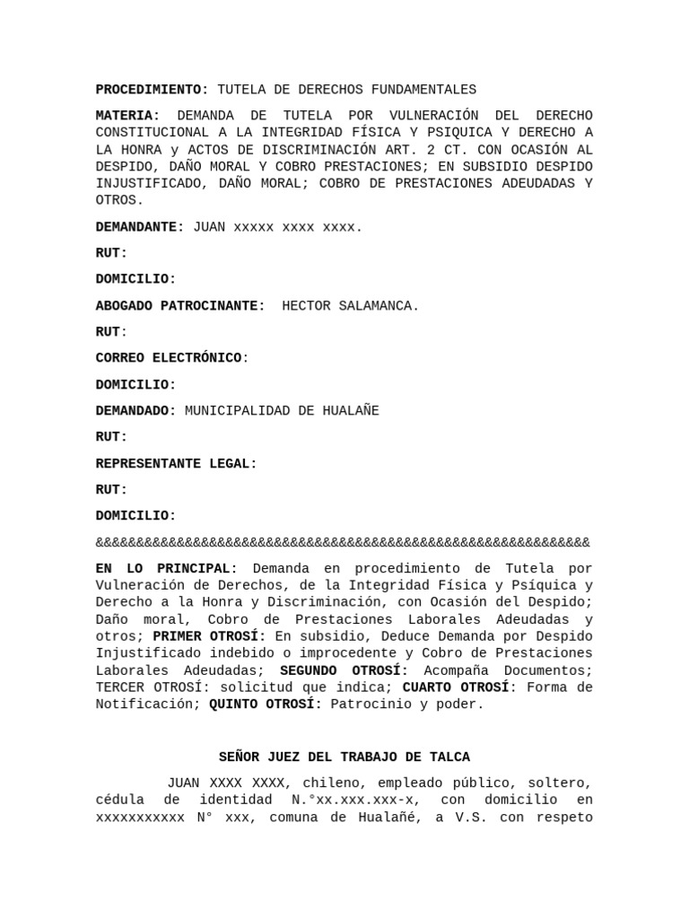 DEMANDA TUTELA LABORAL POR VULNERACION DE DERECHOS FUNDAMENTALES | PDF | Derecho laboral | Abuso ...
