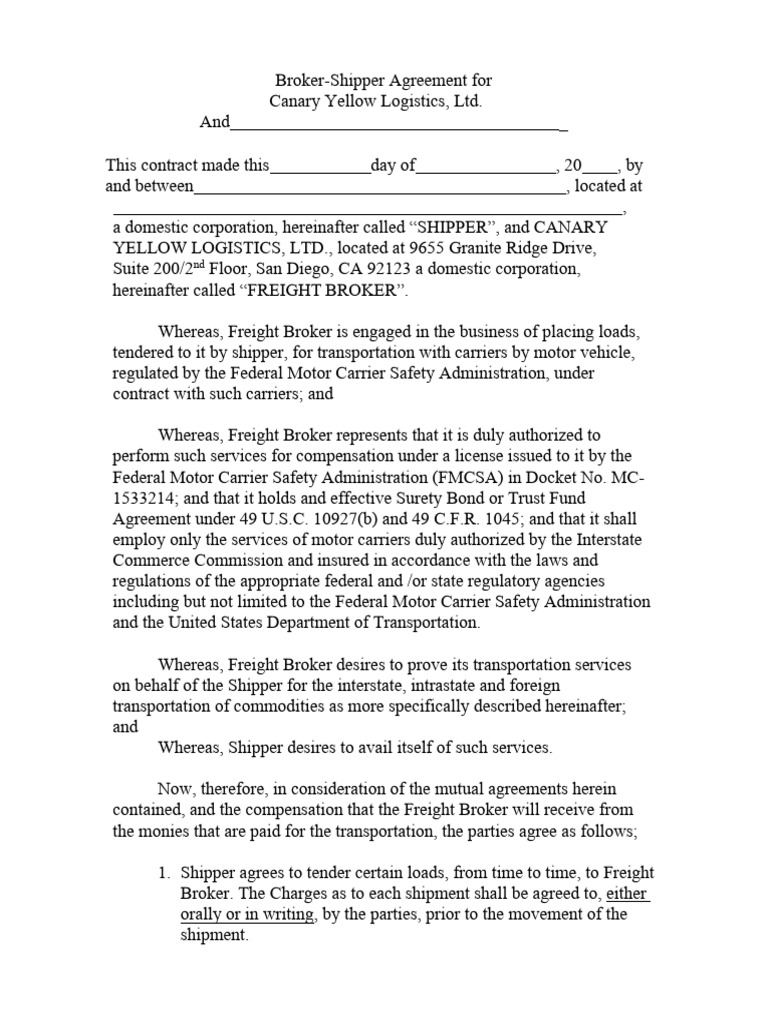 Broker-Shipper Agreement Overview | PDF | Cargo | Common Law