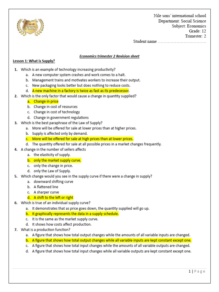 Economics Trimster 2 Revision Sheet Answer Key | PDF | Elasticity ...
