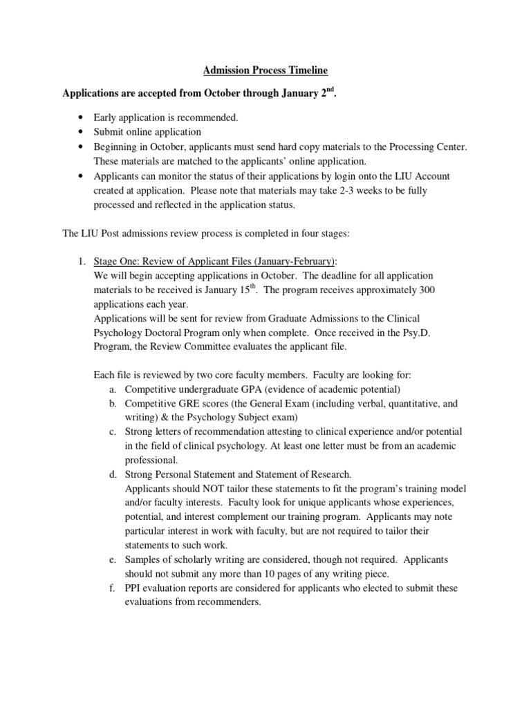 LIU Post PsyD Admission Process Timeline | PDF | Graduate Record ...
