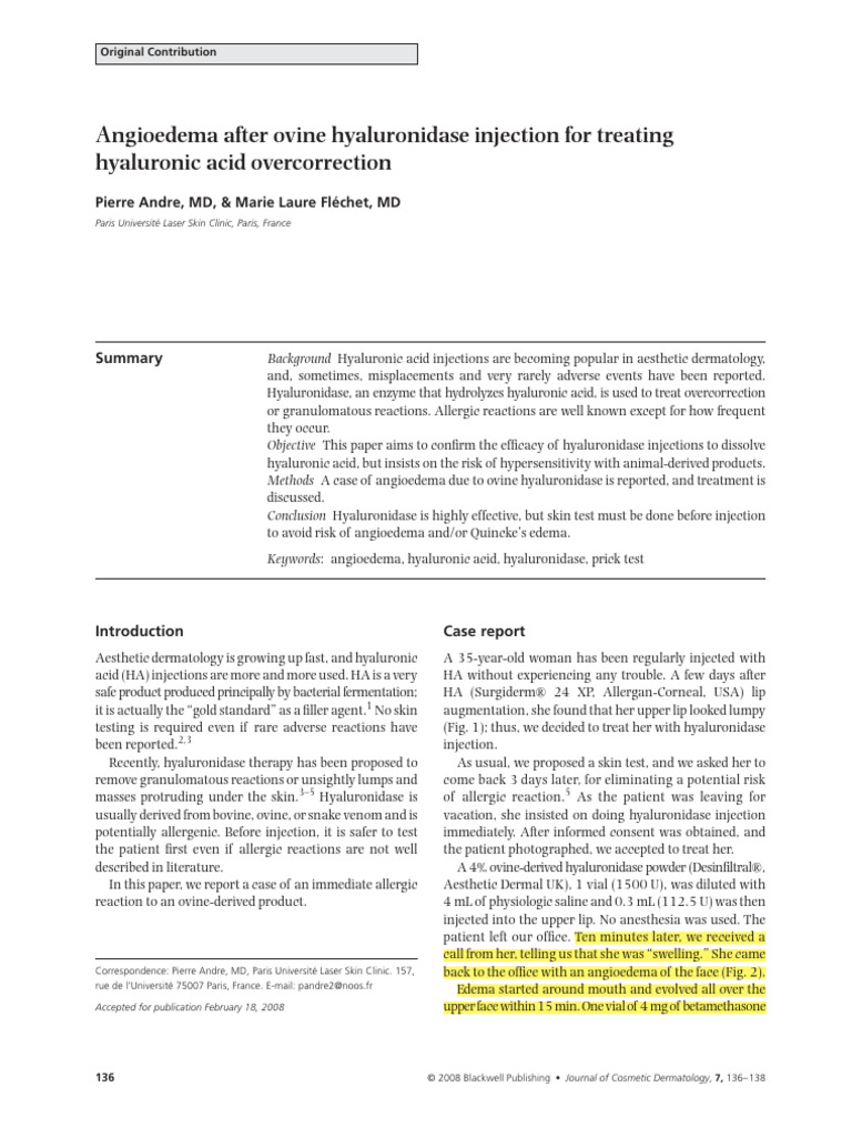 Angioedema After Ovine Hyaluronidase Injection For Treating Hyaluronic ...