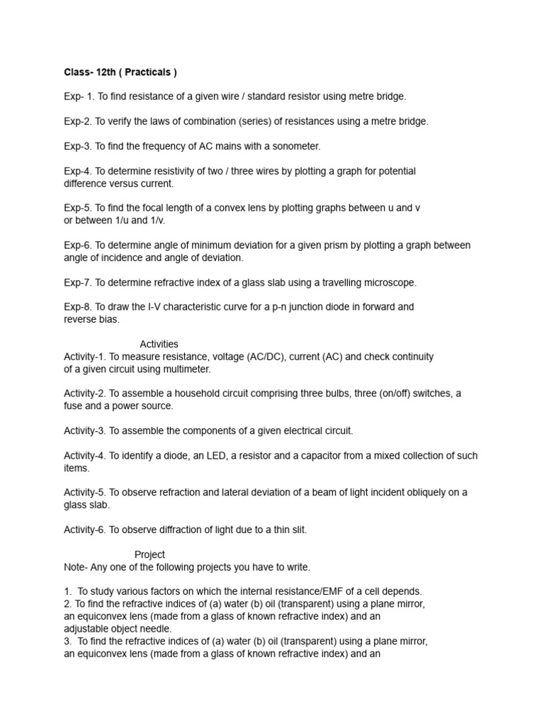 Class 12 Physics Practical Experiments | PDF