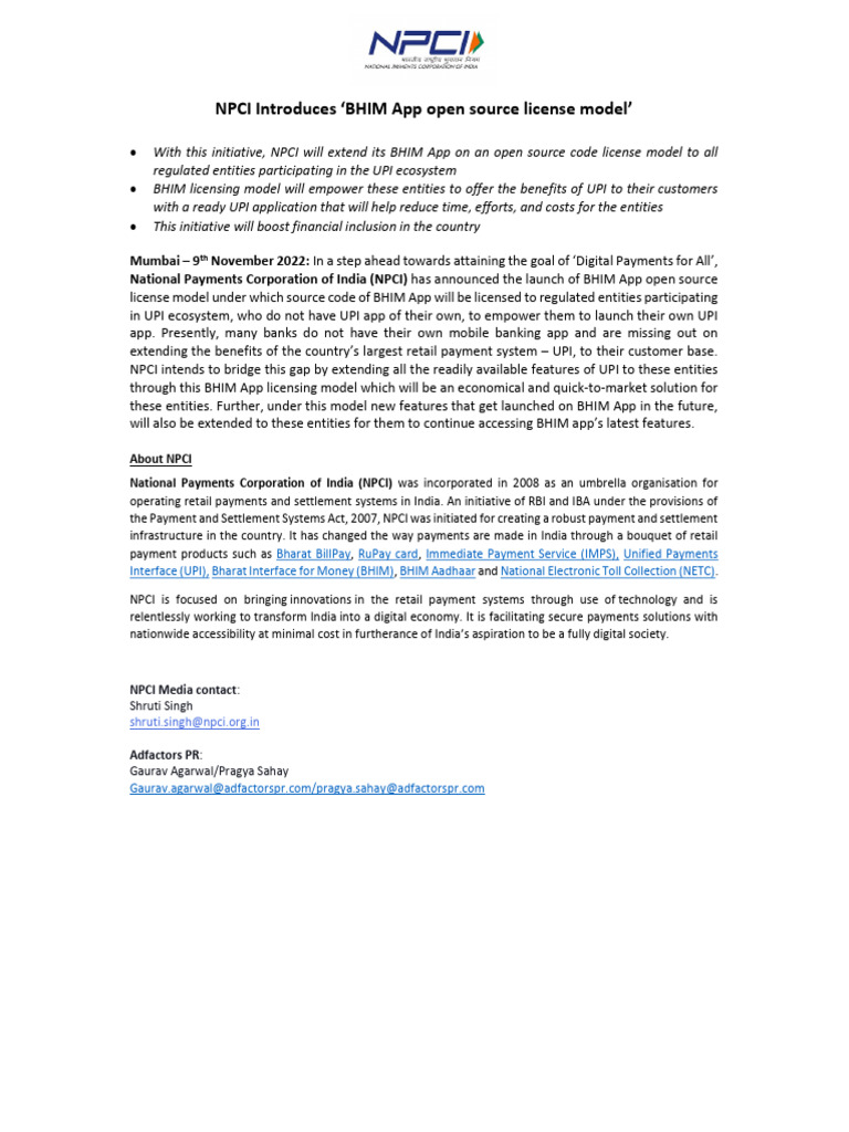 NPCI Press Release BHIM App Open Source License Model | PDF | Money | Financial Services