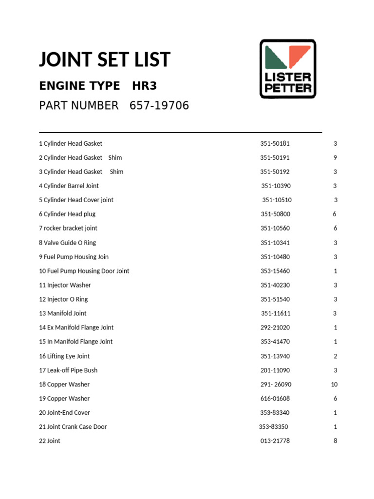 JOINT SET LIST | PDF | Fuel Injection | Engines