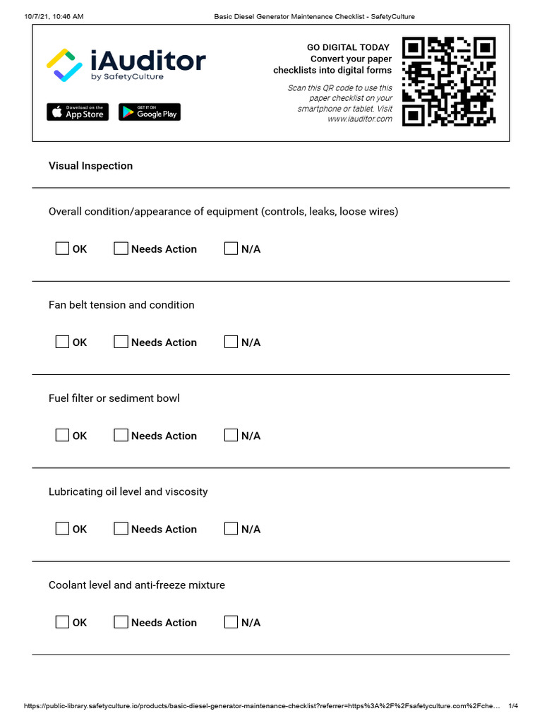 Basic Diesel Generator Maintenance Checklist - SafetyCulture | PDF ...