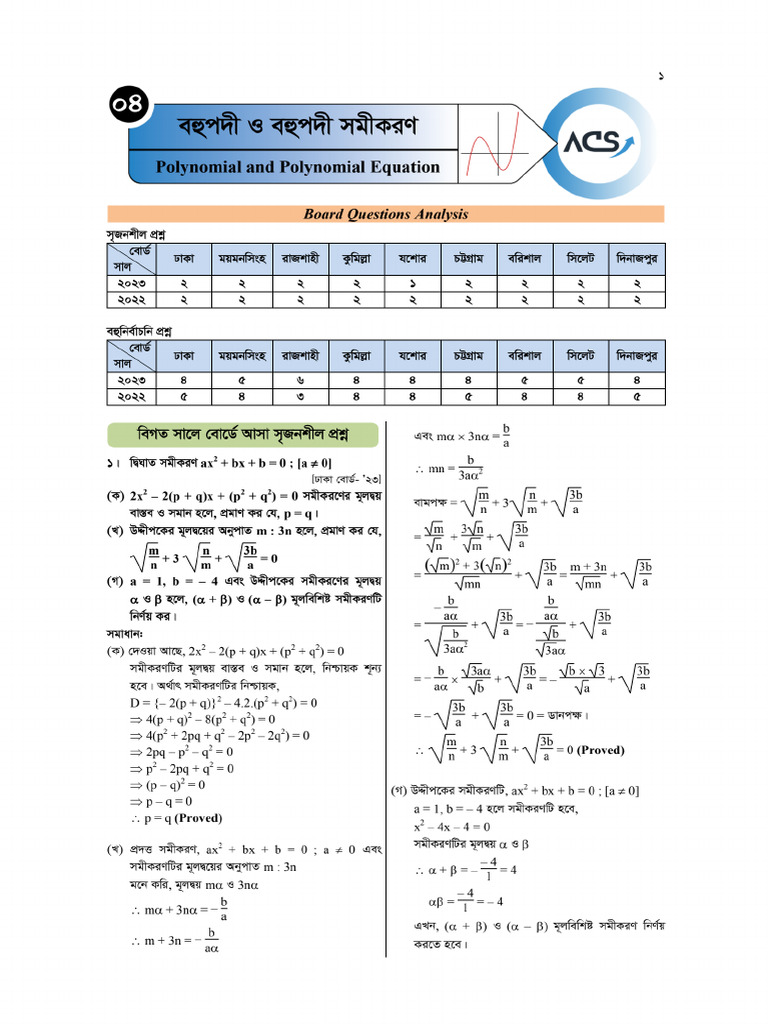Polynomials Practice Sheet Solution HSC FRB 24. | PDF