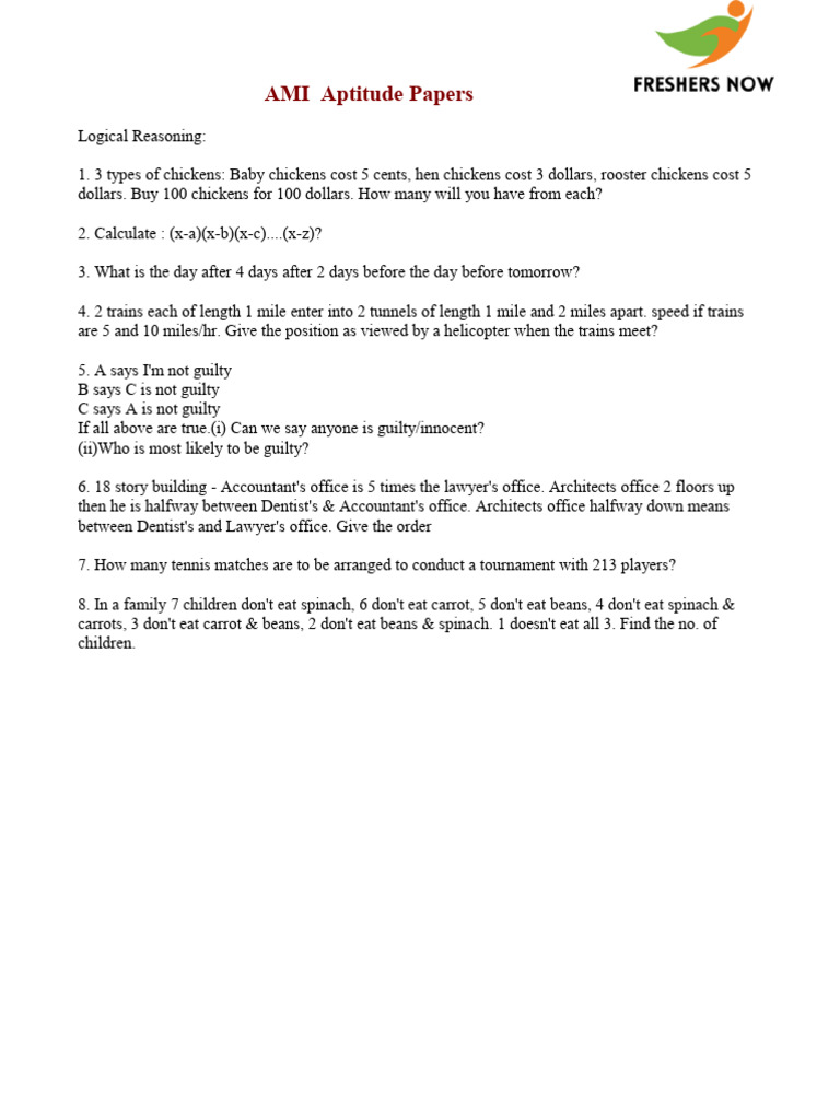 AMI Aptitude Questions Overview | PDF