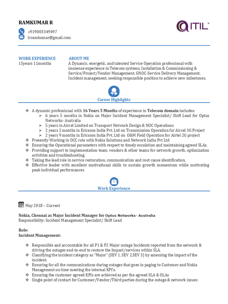 R. Ramkumar Resume - Major Incident Management Updated | PDF | Microwave | Information And ...