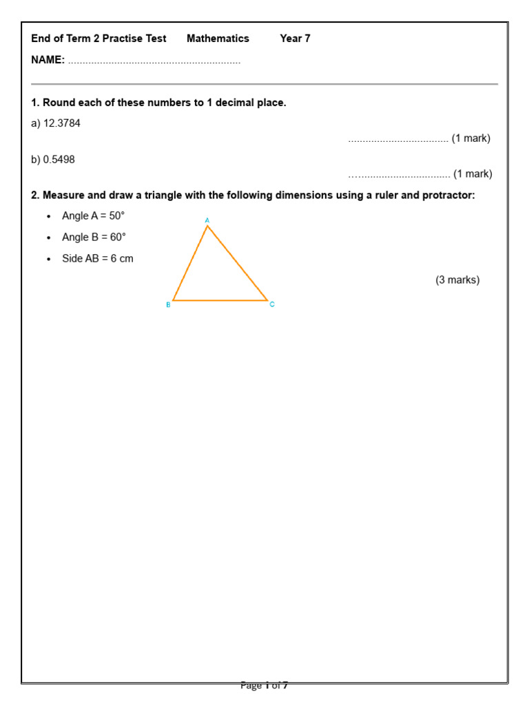 End of Term 2 Practice Test - Year 7 | PDF | Geometry | Euclidean Geometry