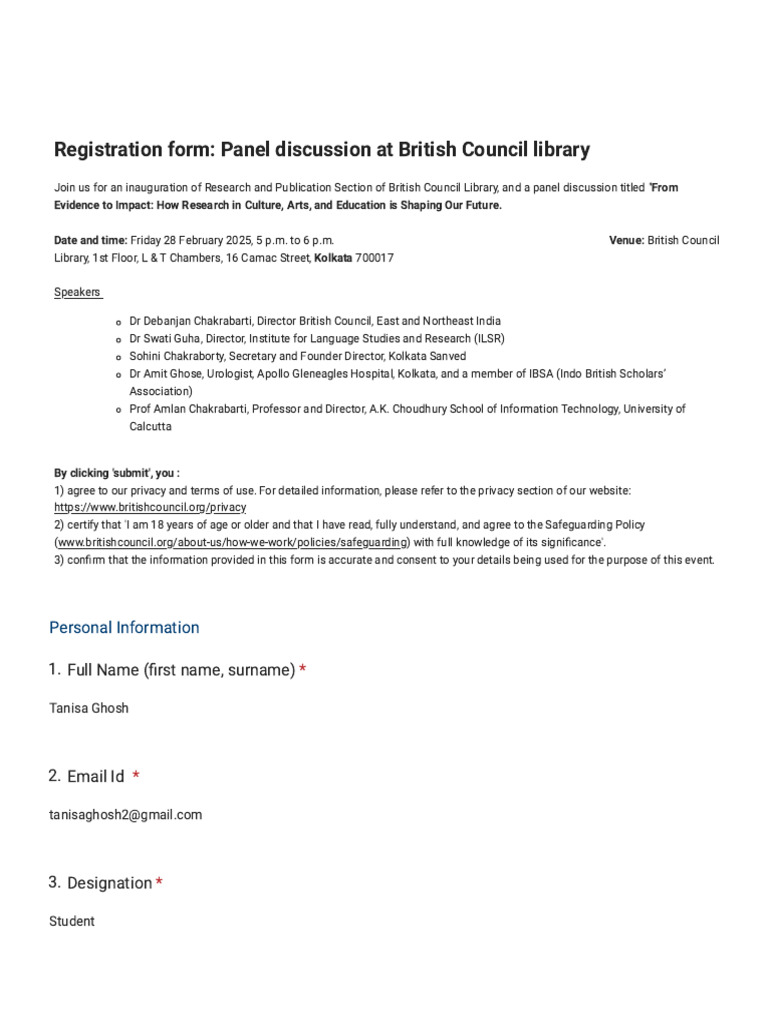 Registration Form - Panel Discussion at British Council Library | PDF