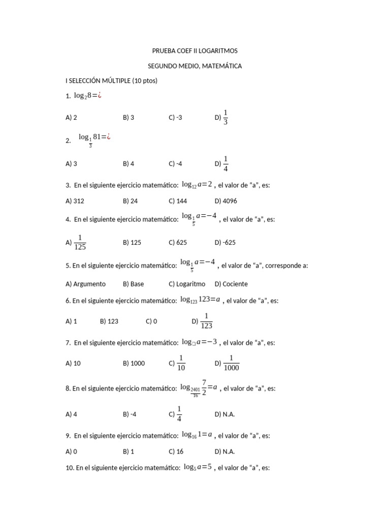Prueba de Logaritmos Segundo Medio | PDF