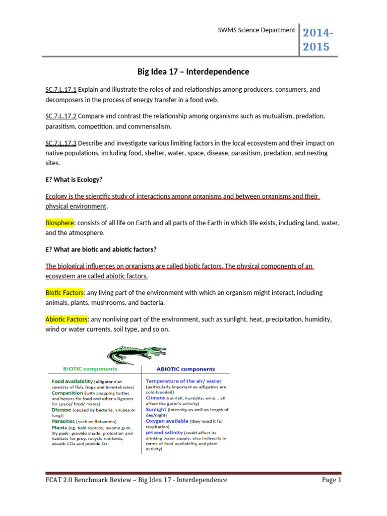 FCAT Study Guide Interdependence | PDF | Symbiosis | Ecology