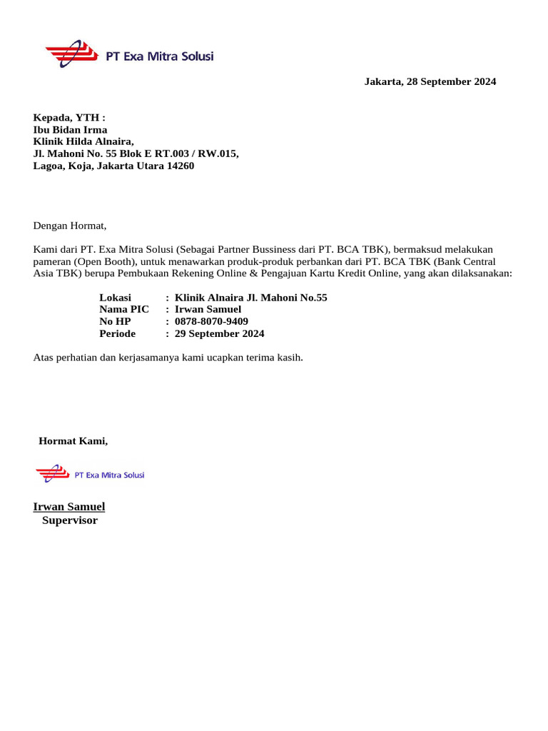 CONTOH TEMPLATE SURAT IZIN EVENT PT EXA MITRA SOLUSI | PDF