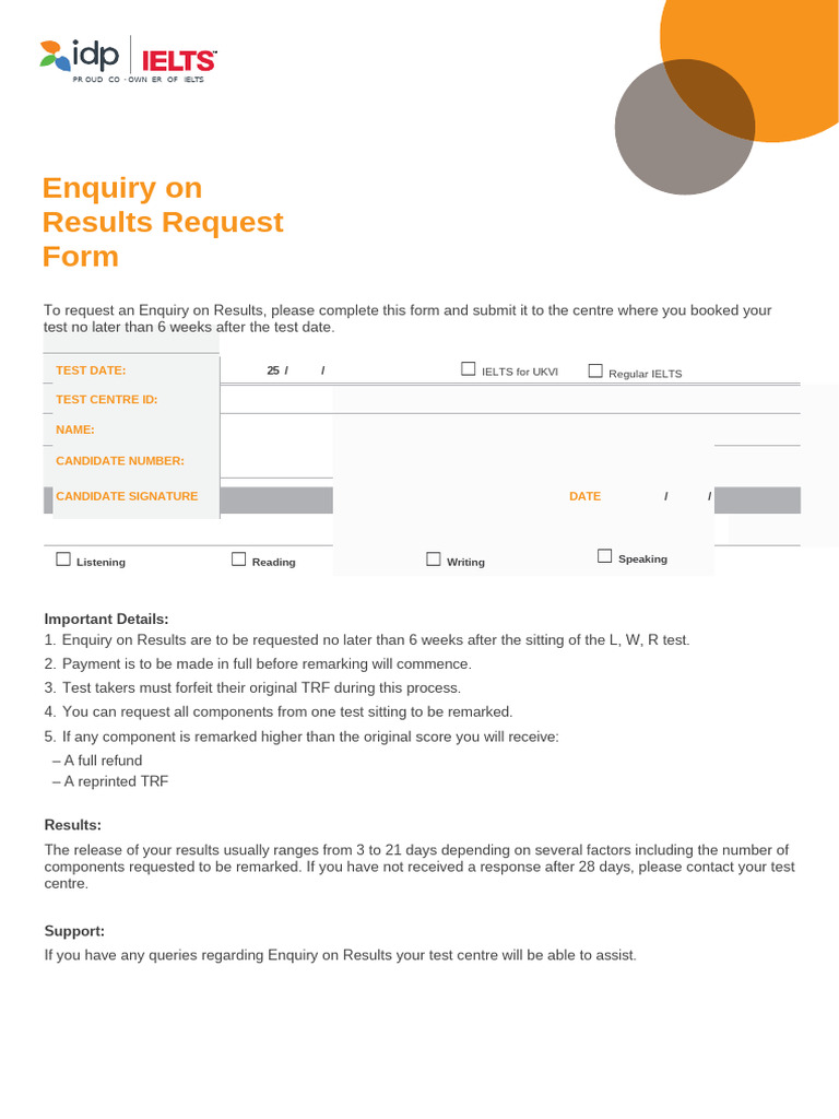 Enquiry On Results Request Form: Test Date: Test Centre Id: Name ...