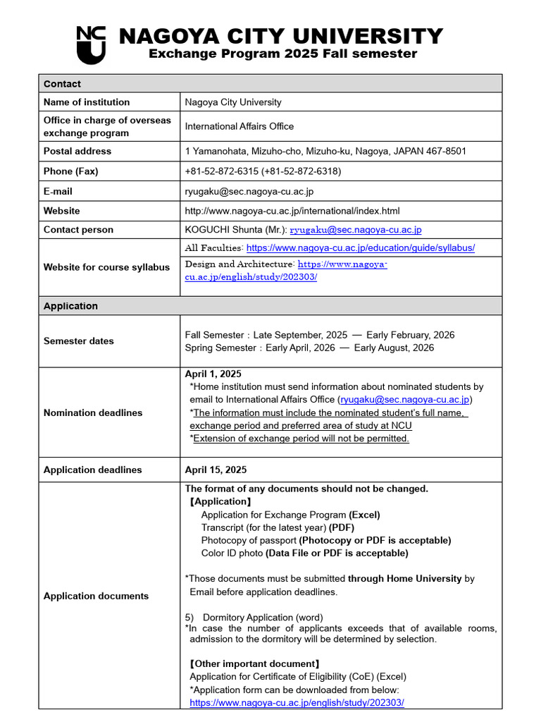 00 - NCU Exchange Program Fact Sheet 2025 - A | PDF