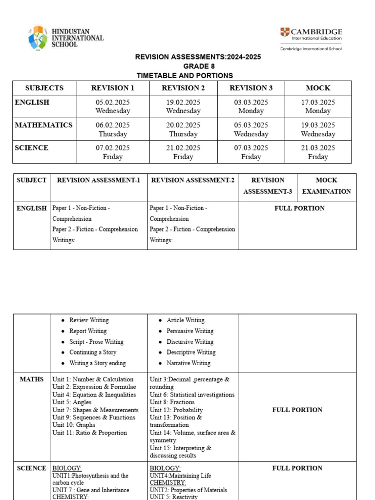 Grade 8 Revision Assessments 2024-2025 | PDF | Mathematics | Physics