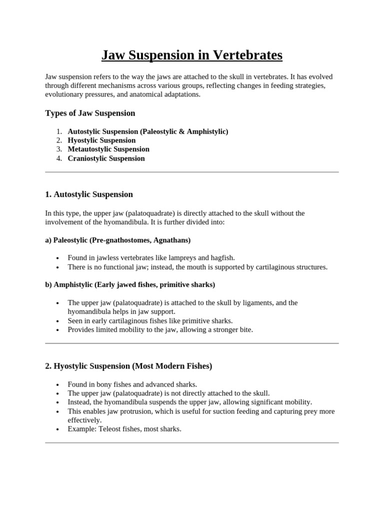 Types of Jaw Suspension in Vertebrates | PDF | Jaw