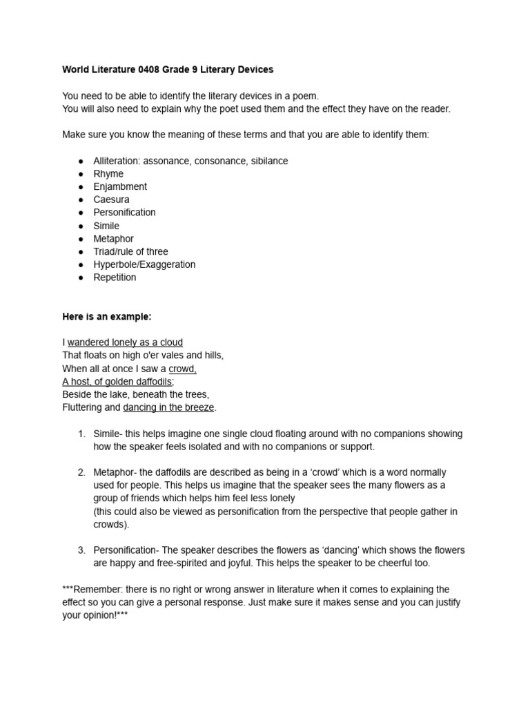World Literature 0408 Grade 9 Literary Devices | PDF
