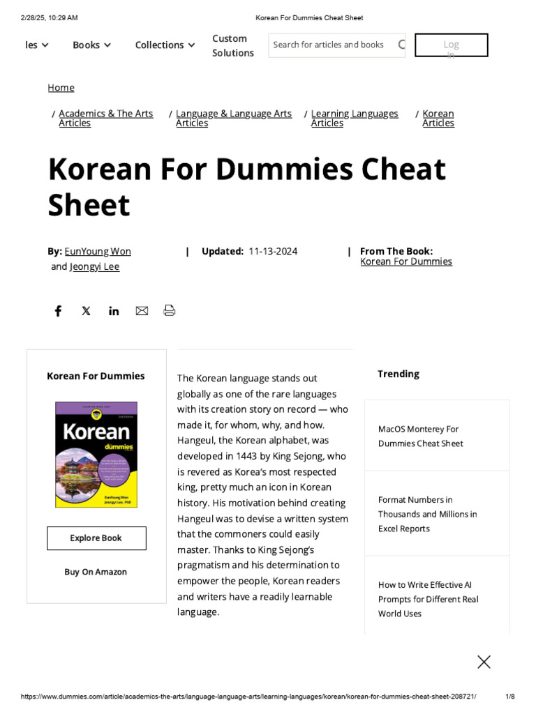 Korean For Dummies Cheat Sheet Pt. 1 | PDF | Korean Language | Human Communication
