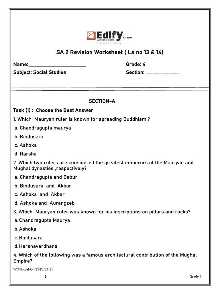 Grade 4 Social Studies Revision Worksheet | PDF | Mughal Empire