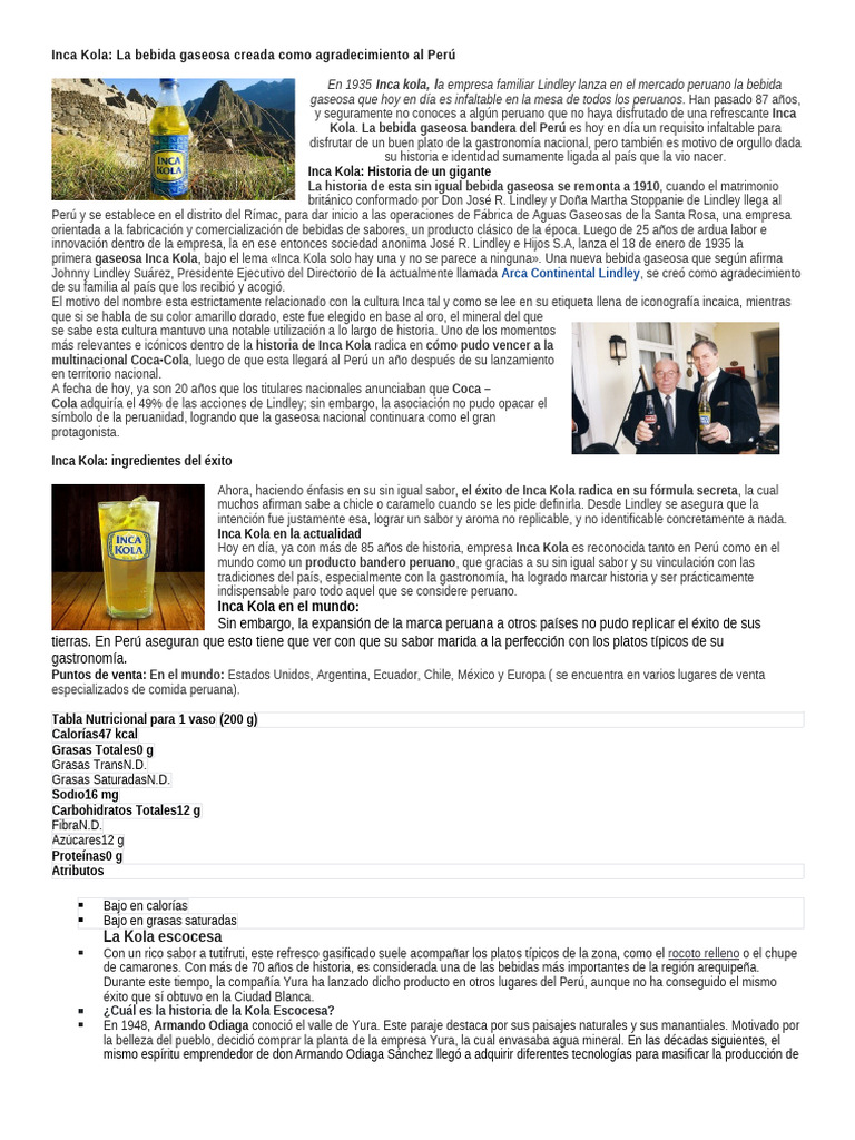 Historia de Inca Kola en Perú | PDF | Refresco | Queso