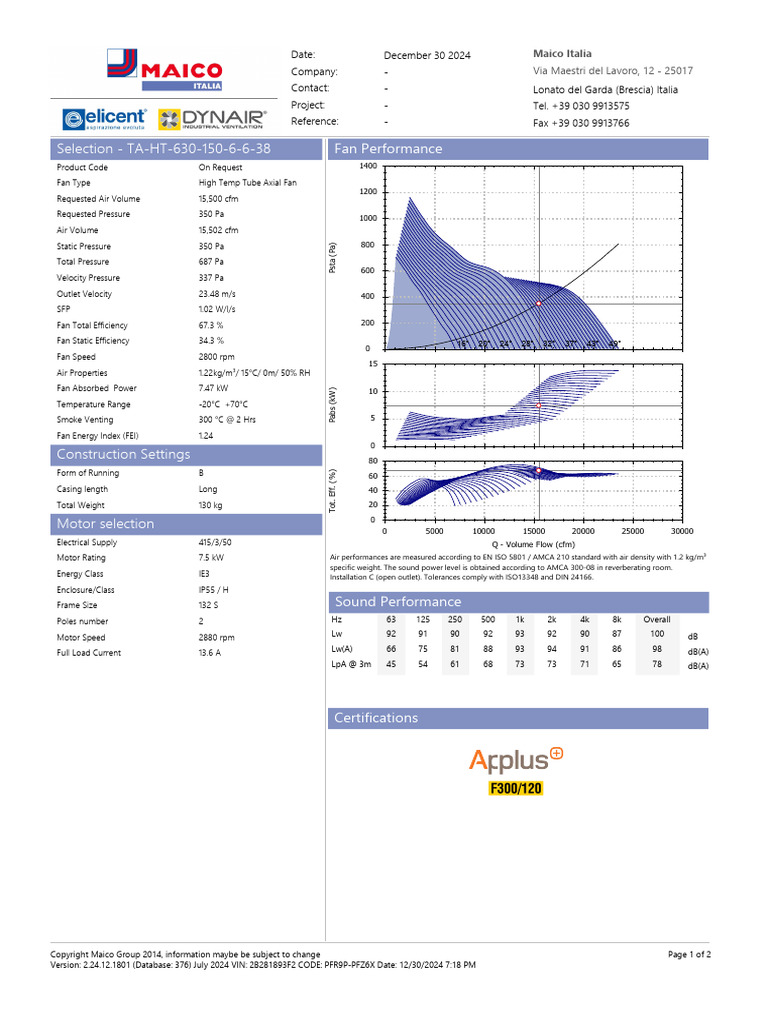 TA-HT-630-150-6-6-38 15500cfm at 350pa | PDF | Pressure | Electrical Engineering