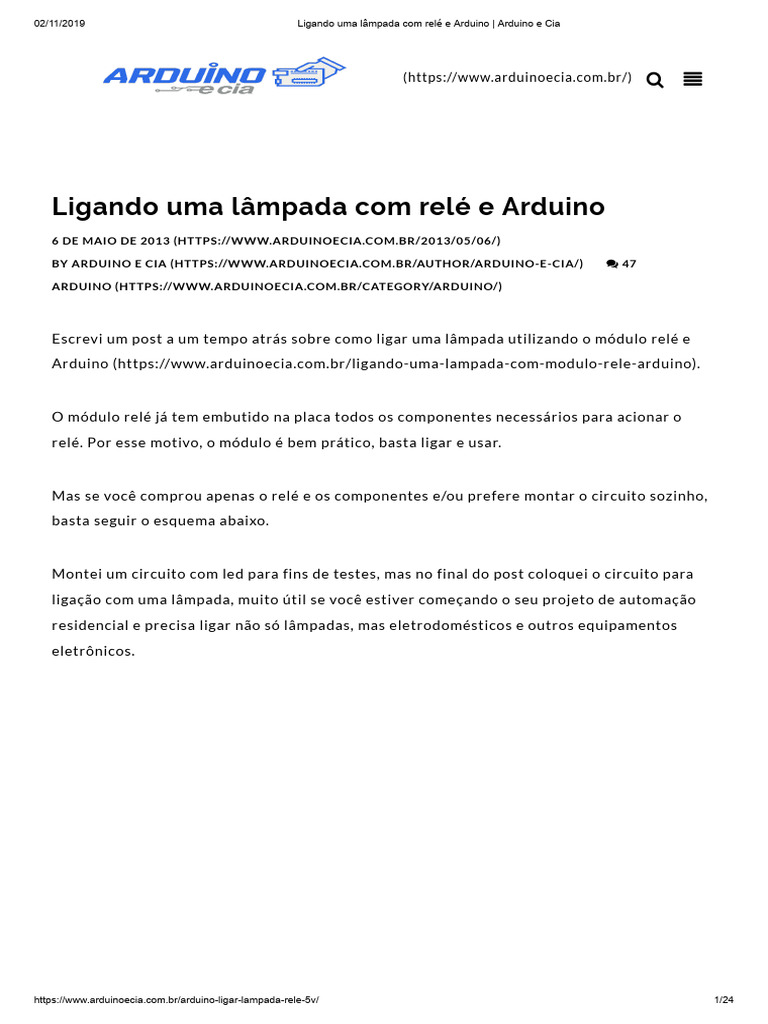 Ligando Uma Lâmpada Com Relé e Arduino - Arduino e Cia | PDF | Relé | Rede elétrica