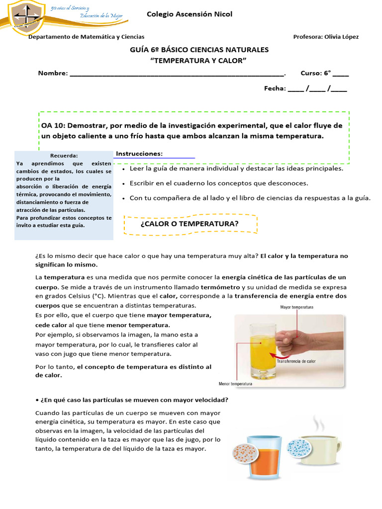 Calor vs Temperatura: Guía 6º Básico | PDF | Calor | Temperatura