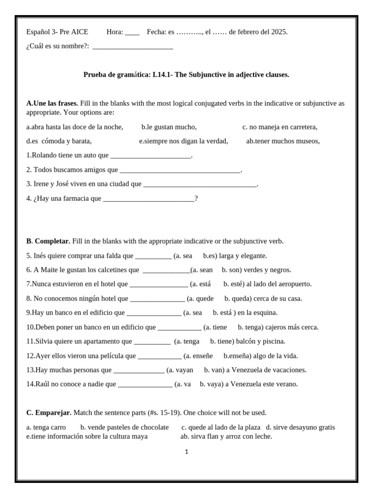 L14.1 Prueba de gram Subjunctive in adj clauses | PDF