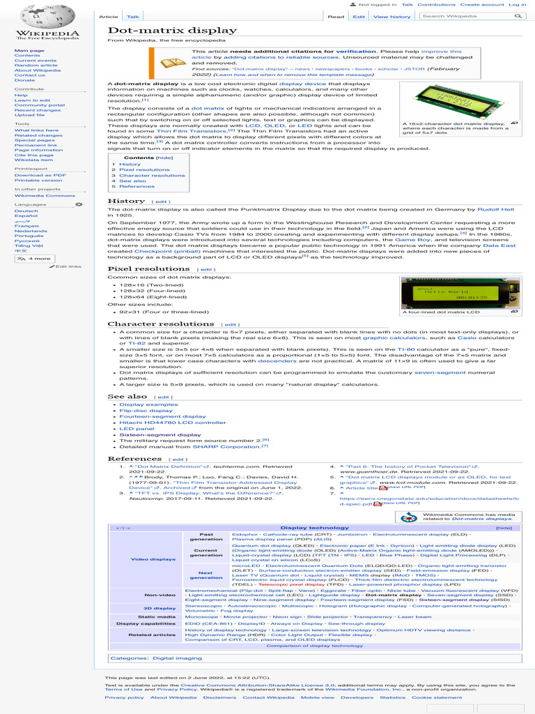 Dot-matrix display | PDF | Wikipedia | Liquid Crystal Display