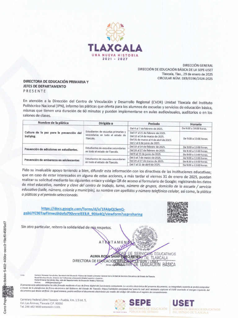 CIRCULAR NÚM. DEB 0196 2024-2025 - Pláticas Que Oferta El Centro de ...