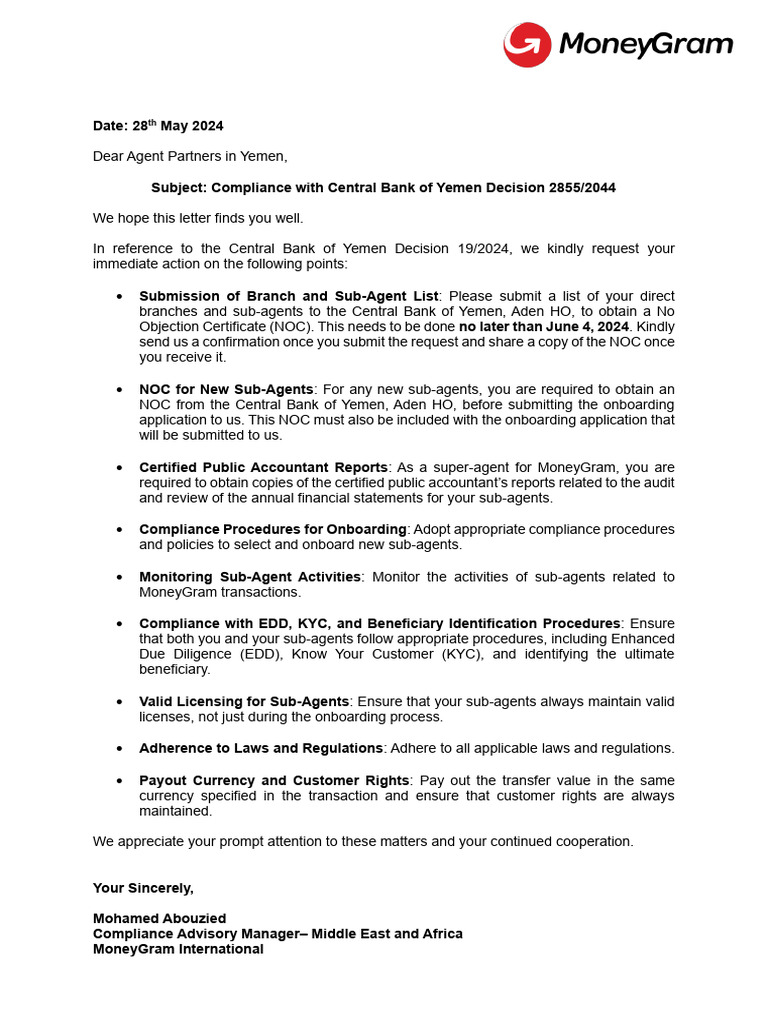 Yemen CBY MoneyGram Letter 28.05.2024 | PDF