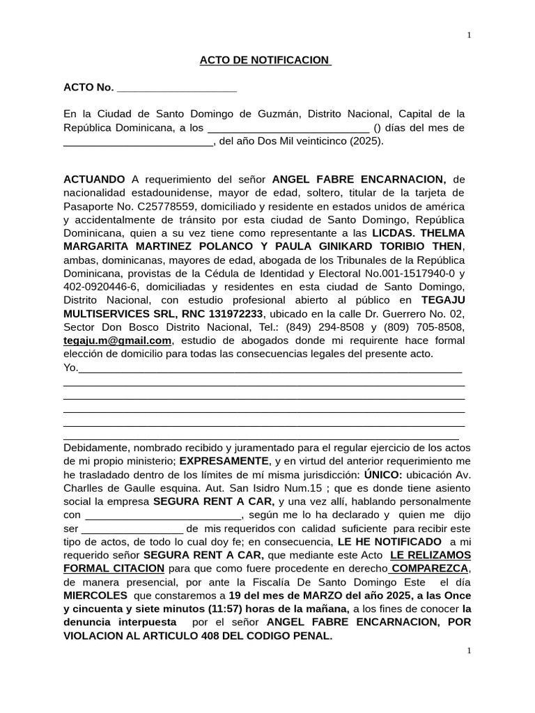 Acto de Notificacion A Citacion Caso Angel Fabre Encarnacion | PDF ...