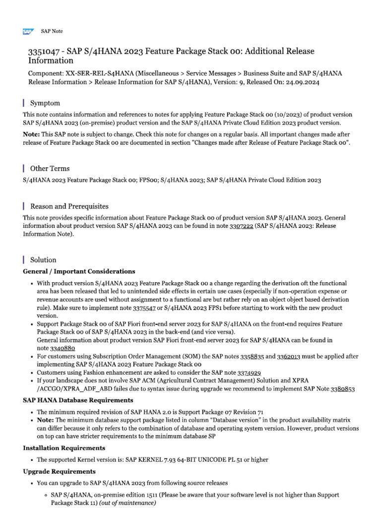 SAP S4HANA 2023 Feature Package Stack 00 Additional Release | PDF