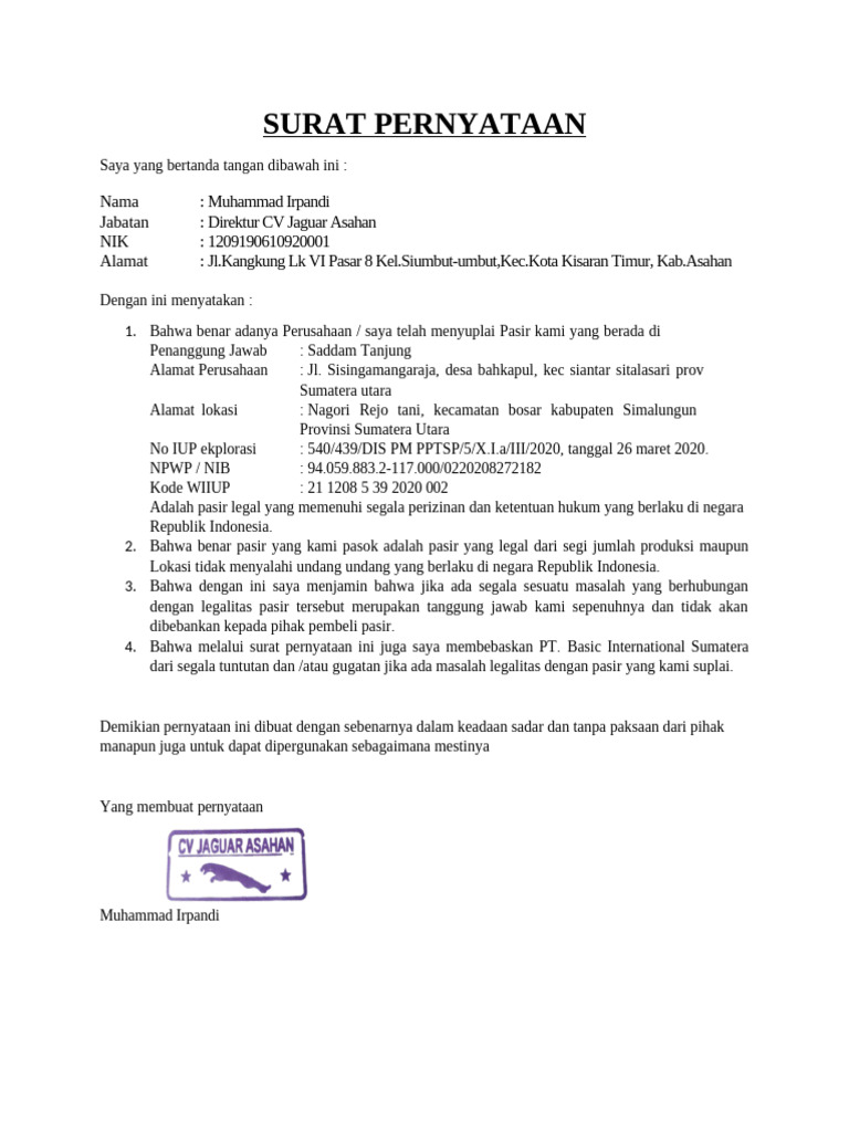 Surat Pernyataan Legalitas Pasir CV Jaguar | PDF