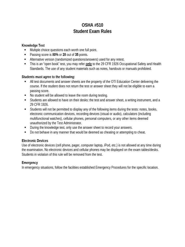 OSHA #510 Exam Rules & Guidelines | PDF