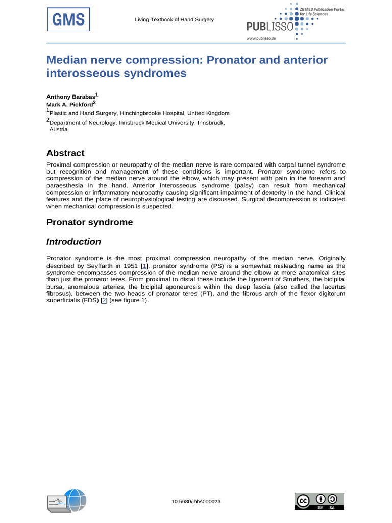 Median Nerve Compression - Pronator and Anterior Interosseous Syndromes ...