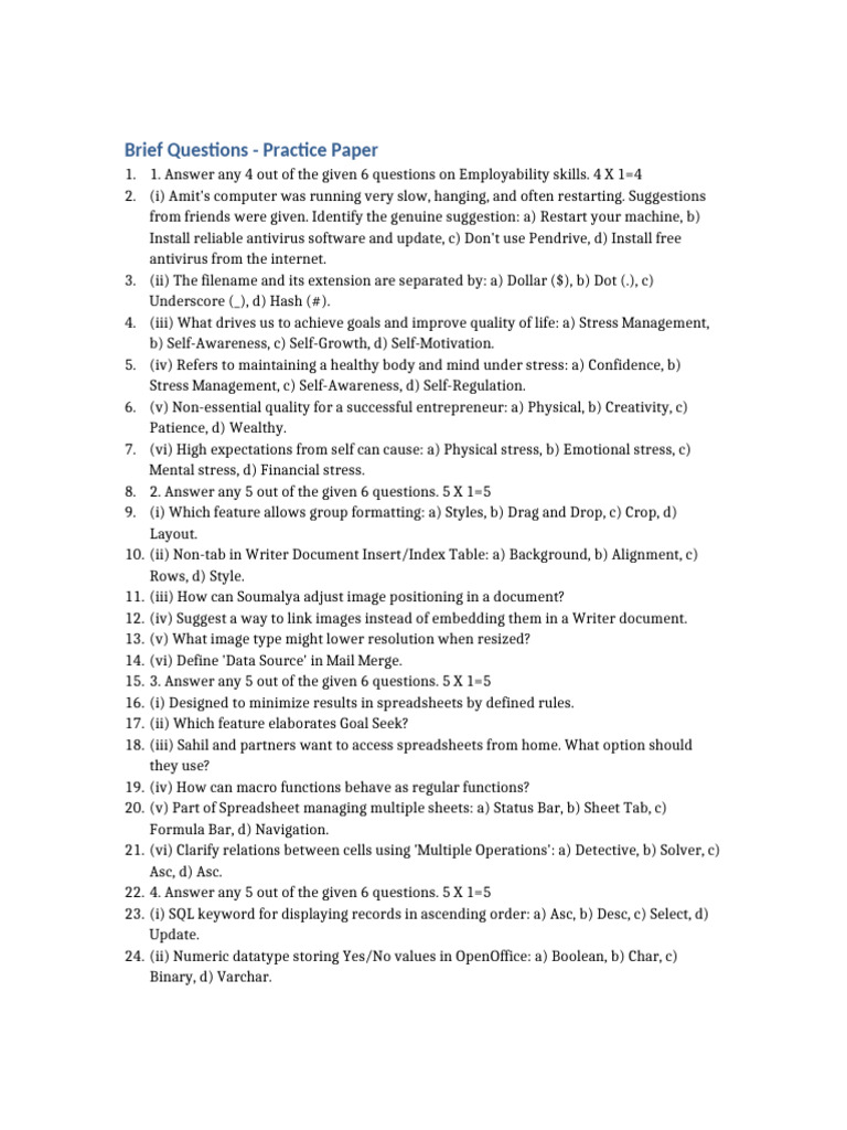 Employability Skills Practice Questions | PDF | Spreadsheet | Databases