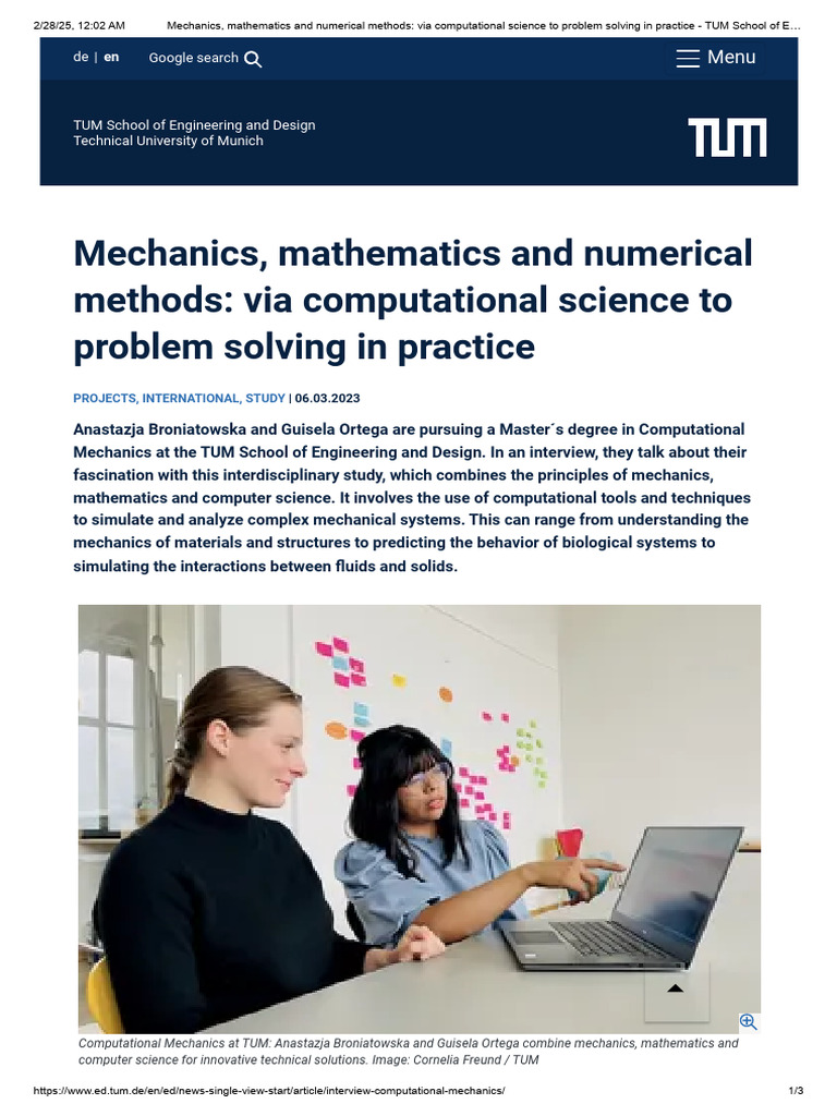 Mechanics, Mathematics and Numerical Methods - Via Computational Science To Problem Solving in ...