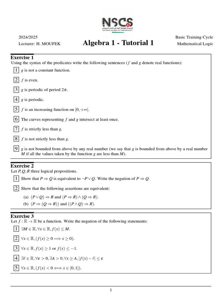 Tutorial 1 Mathematical Logic | PDF | Function (Mathematics) | Logic