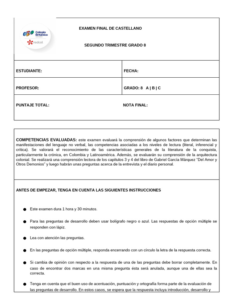 EXAMEN FINAL SEGUNDO TRIMESTRE 8 | PDF