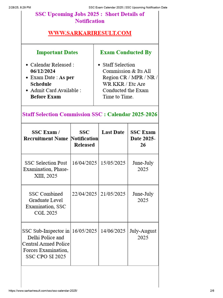 SSC Exam Calendar 2025 _ SSC Upcoming Notification Date | PDF | Educational Assessment And ...