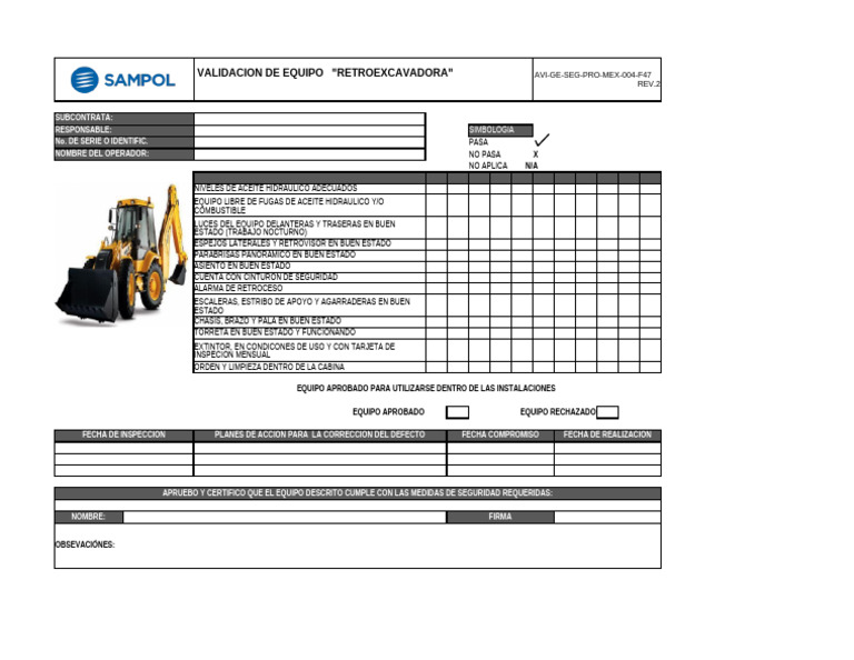 AVI-GE-SEG-PRO-MEX-004-F47 - 2 Checklist Tablero Retroexcavadora | PDF | Vehículo de motor | Coche