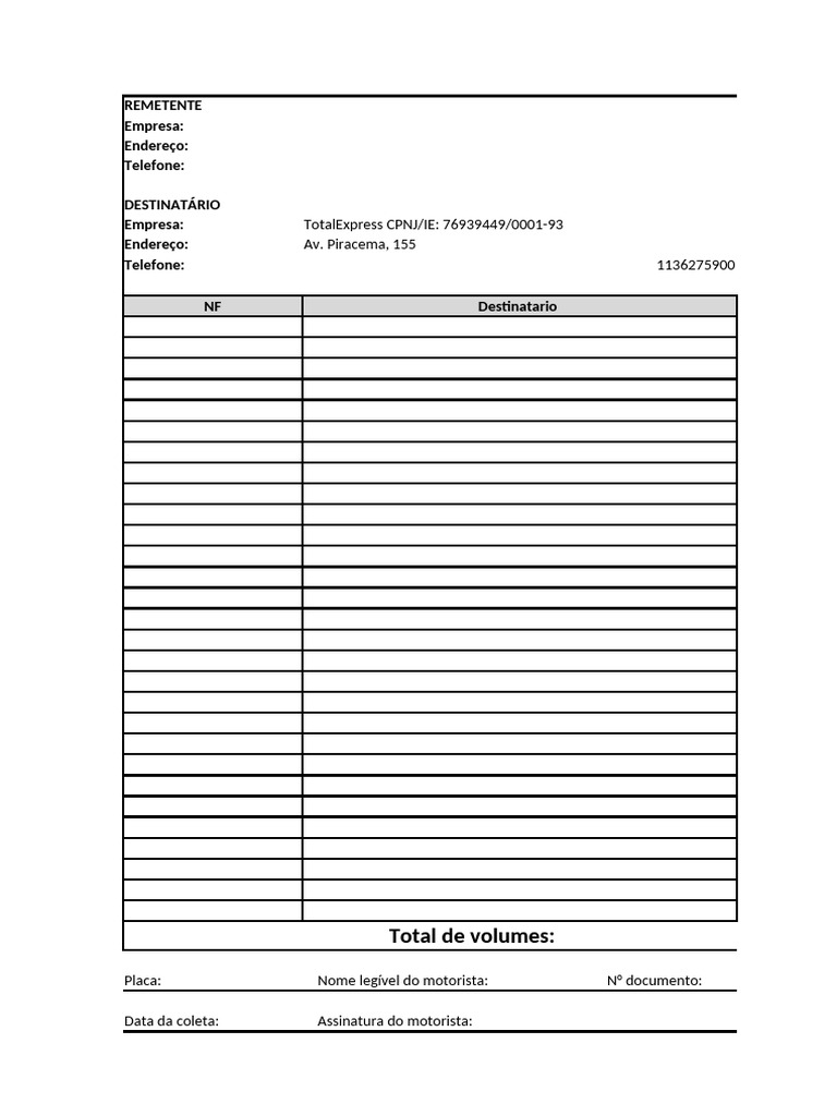 Modelo - Romaneio de Coleta | PDF