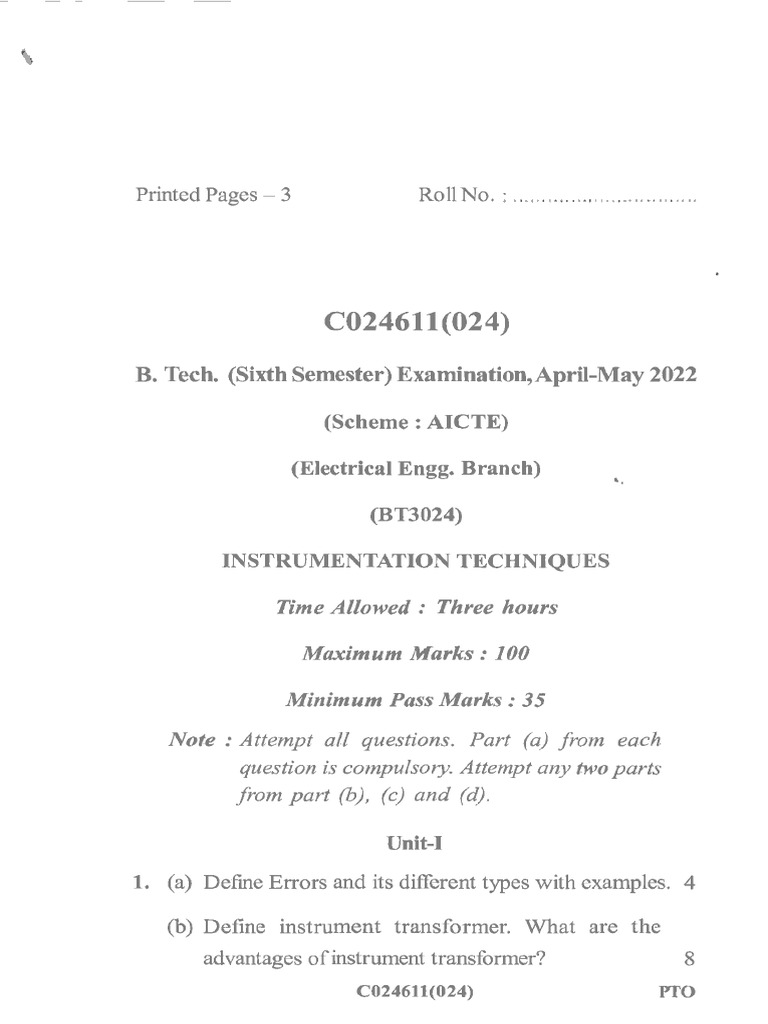 Instrumentation Techniques 6th Semester E E 2022 Question Paper | PDF
