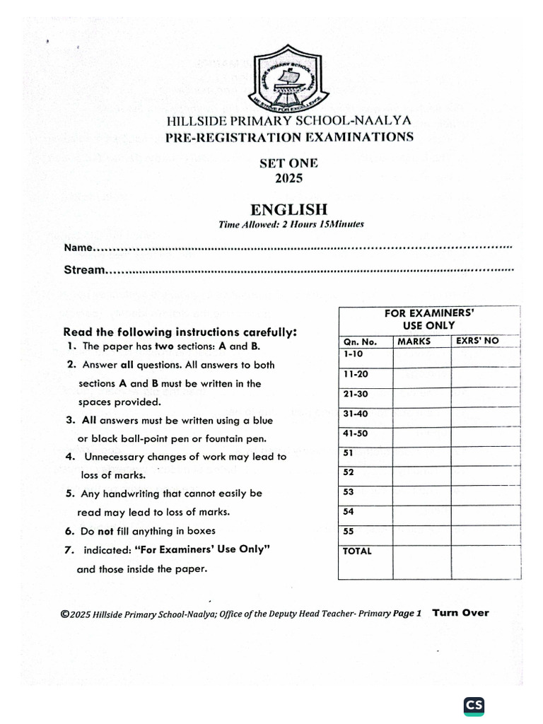 P.7 Eng Pre-Registration Set One, 2025 | PDF